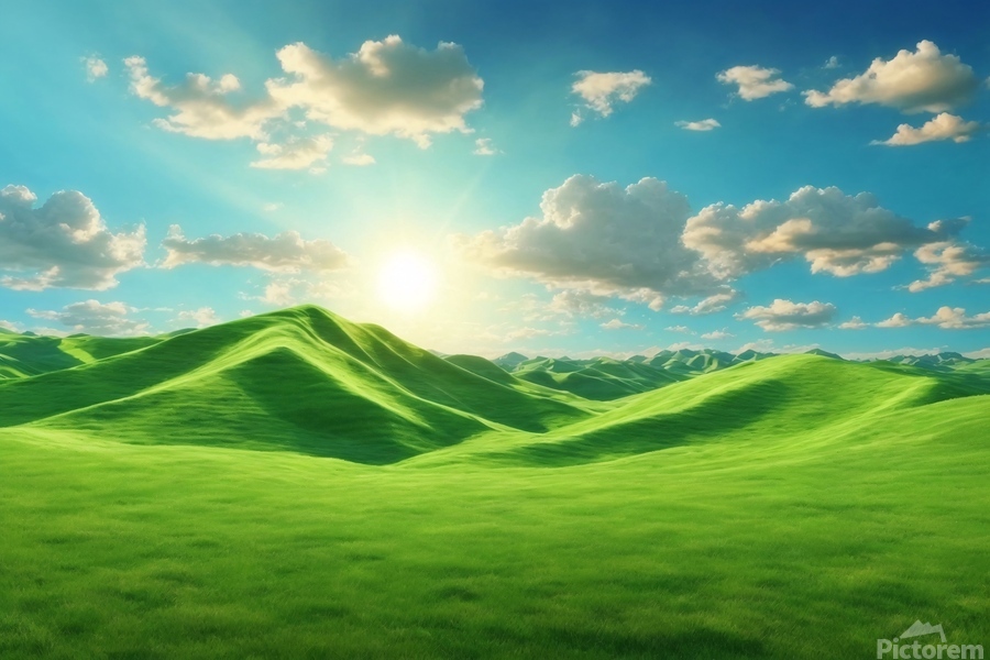 Green Grass field on Small Hills and Blue Sunny Sky Green Hills ...