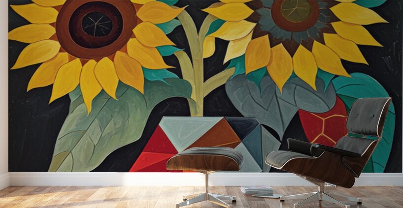 Cubist Sunflowers: A Modern Still Life by Sumer Paintings Wall Art