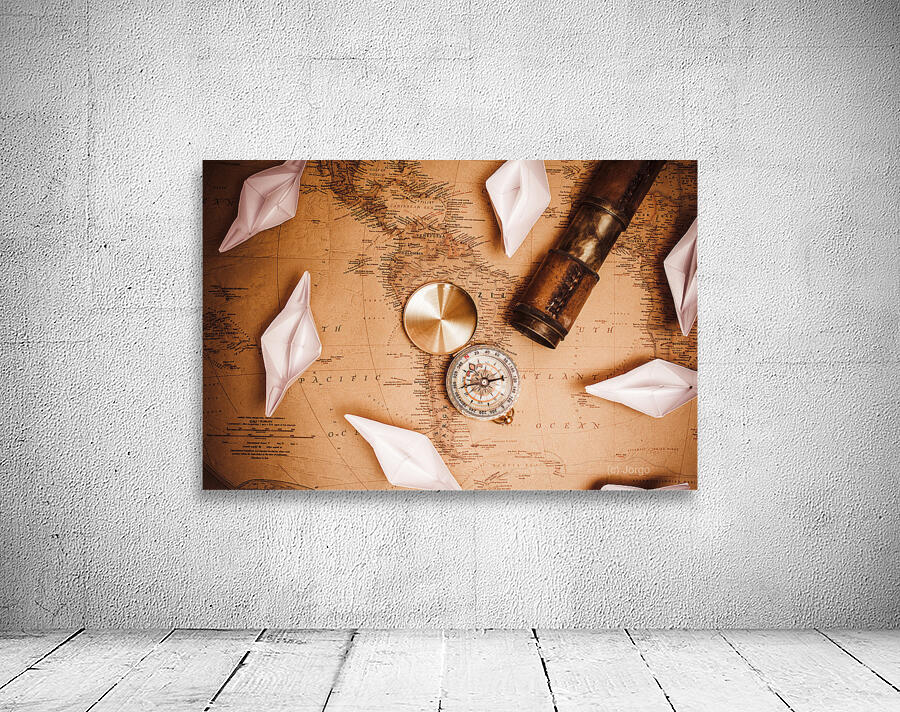 Explorer desk with compass map and spyglass by Jorgo Wall Art