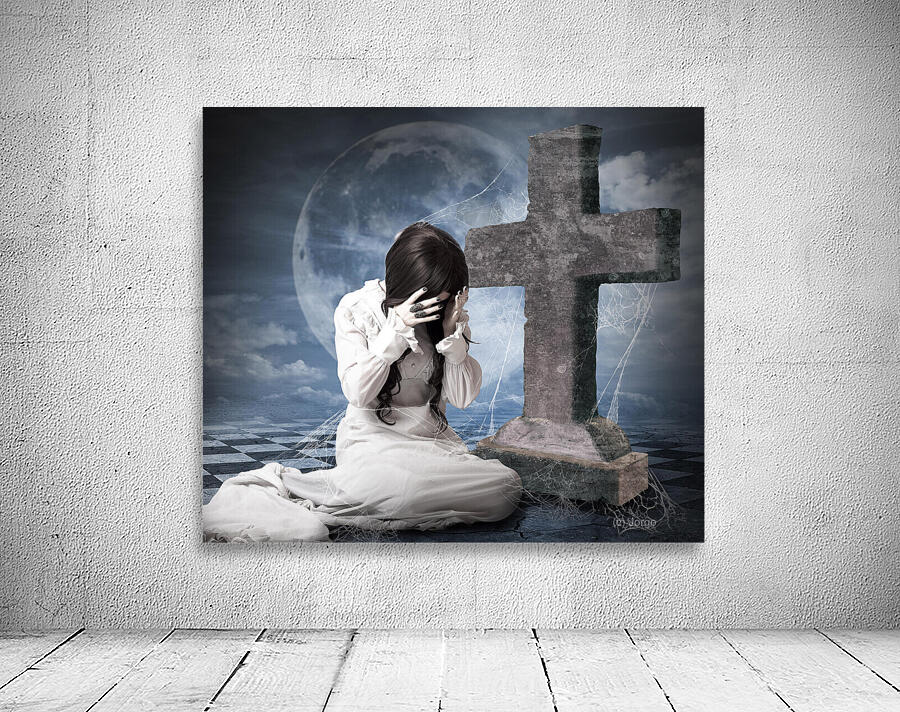 Grieving gothic girl crying next to gravestone by Jorgo Wall Art