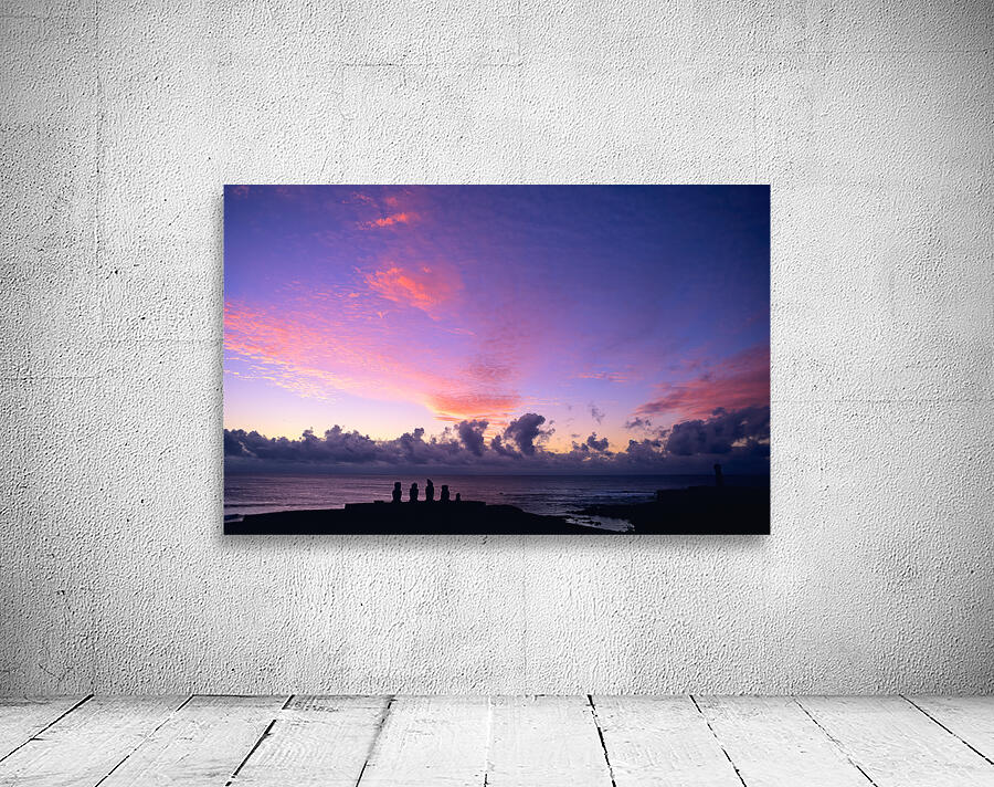 Moai statues at sunset. Easter Island Chile. by Marco Brivio Wall Art