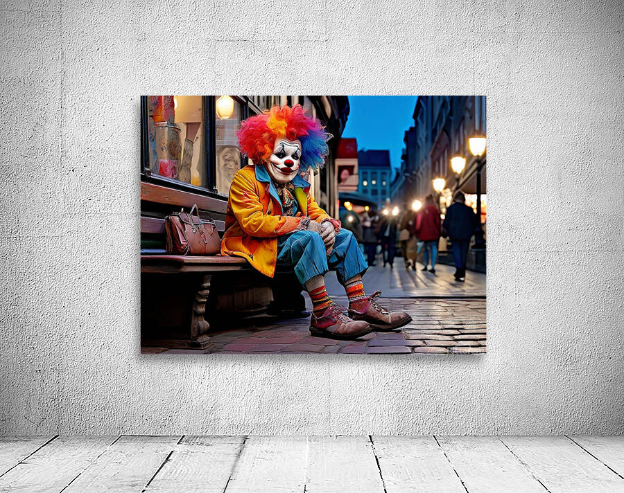 Quirky clown waiting for bus by BF PRINTS Wall Art