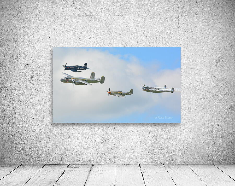 Red Bull Formation P-38 B-25 F4U Corsair F8F Bearcat by Ross Sharp Wall Art