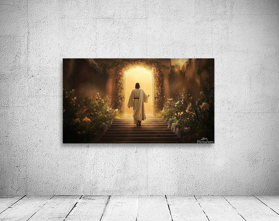 Jesus Christ walking towards a radiant gateway amidst blooming flowers ...