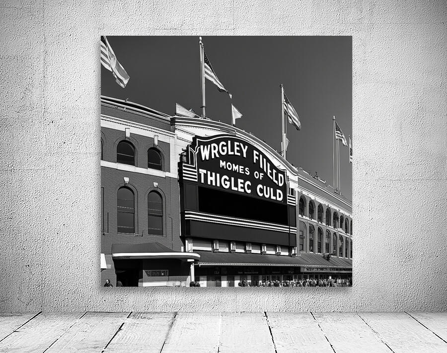 A realistic photo of Wrigley Field in black and white that shows the ...