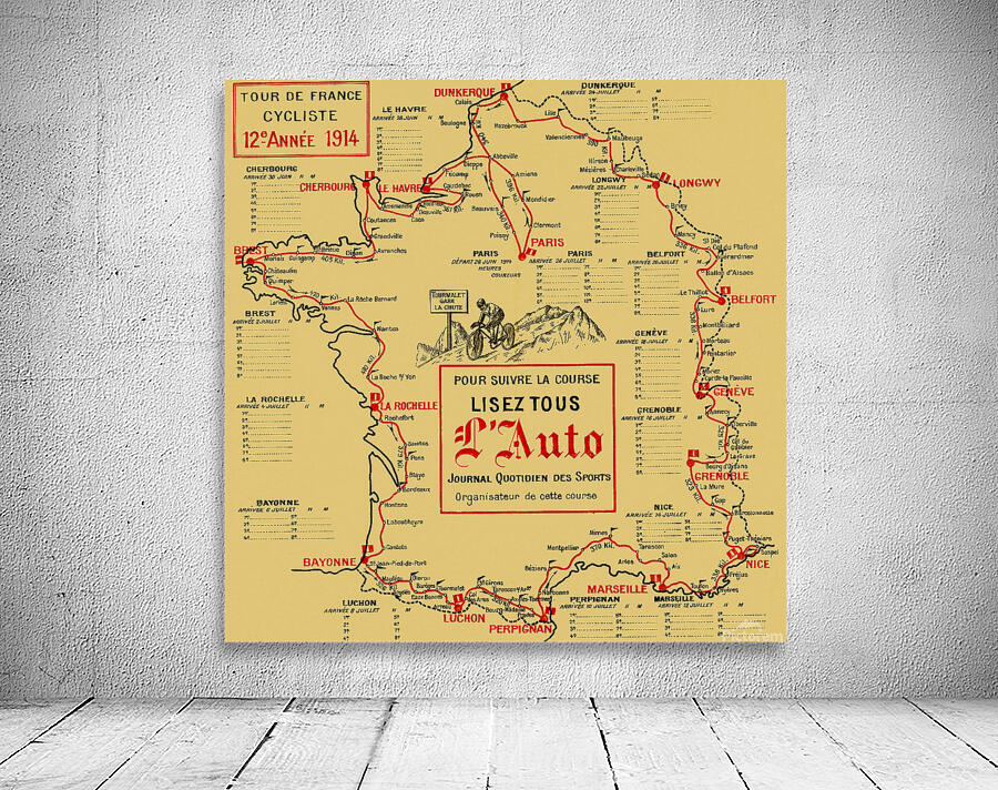 Map of the Tour De France 1914 by Andrew Ohms Wall Art