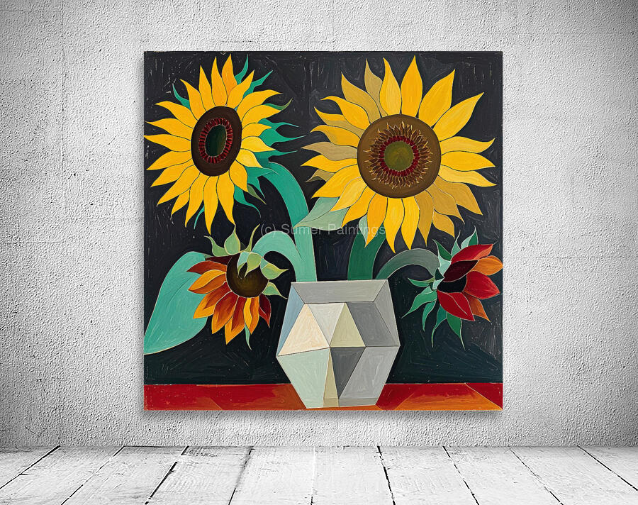 Cubist Sunflowers: A Modern Still Life by Sumer Paintings Wall Art