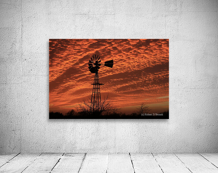 Kansas Sunset with a red sky with clouds and a Windmill silhouette by ...