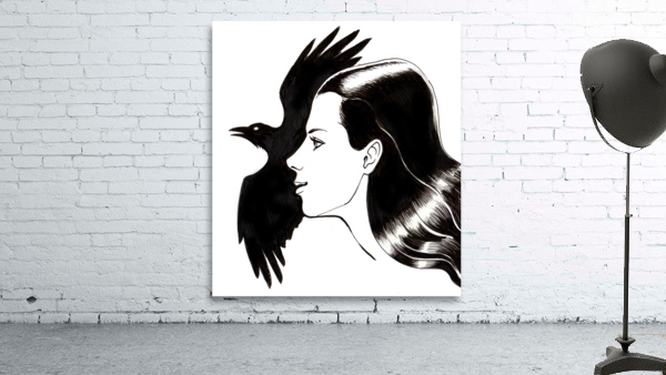 Woman and flying raven. Ink black and white drawing by Alex Berd Wall Art