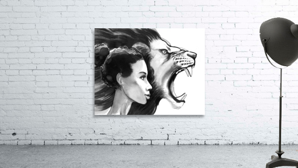 Beauty and roaring lion. Ink and watercolor drawing by Alex Berd Wall Art