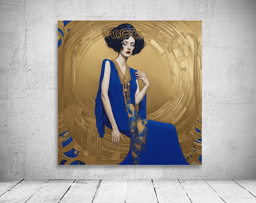 PHOTOREALISTIC LADY ART DECO GUSTAV KLIMT GOLD ROYAL BLUE DALI STYLE by AIGALLERY Wall Art