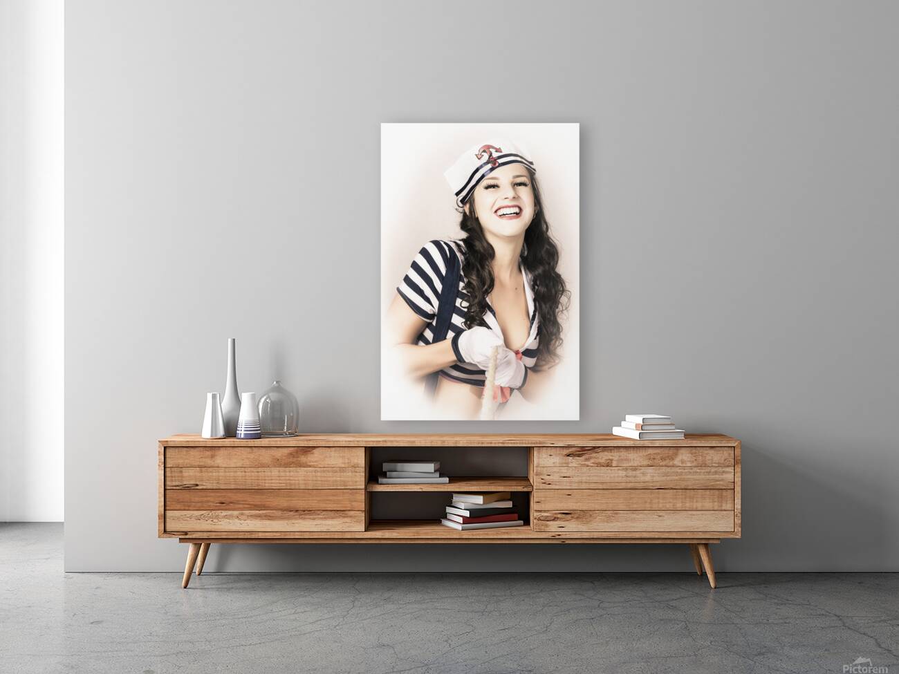 Happy sailor girl pin-up pulling in anchor rope by Jorgo Wall Art