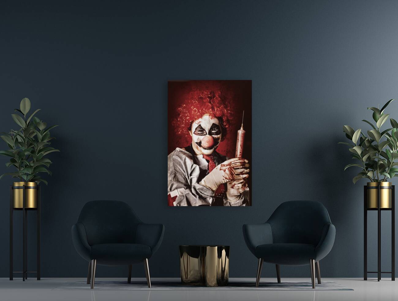 Crazy medical clown holding oversized syringe by Jorgo Wall Art